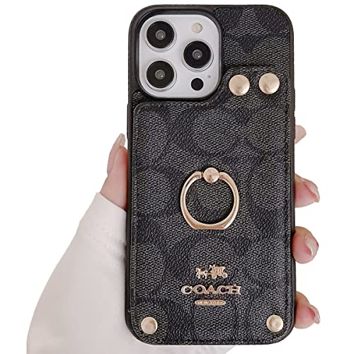Luxury Wallet Case with Designed Leather and Card Holder, 360°Rotation Ring Kickstand, RFID Blocking Protective for Apple iPhone 13 Pro Max 6.7''（Black）