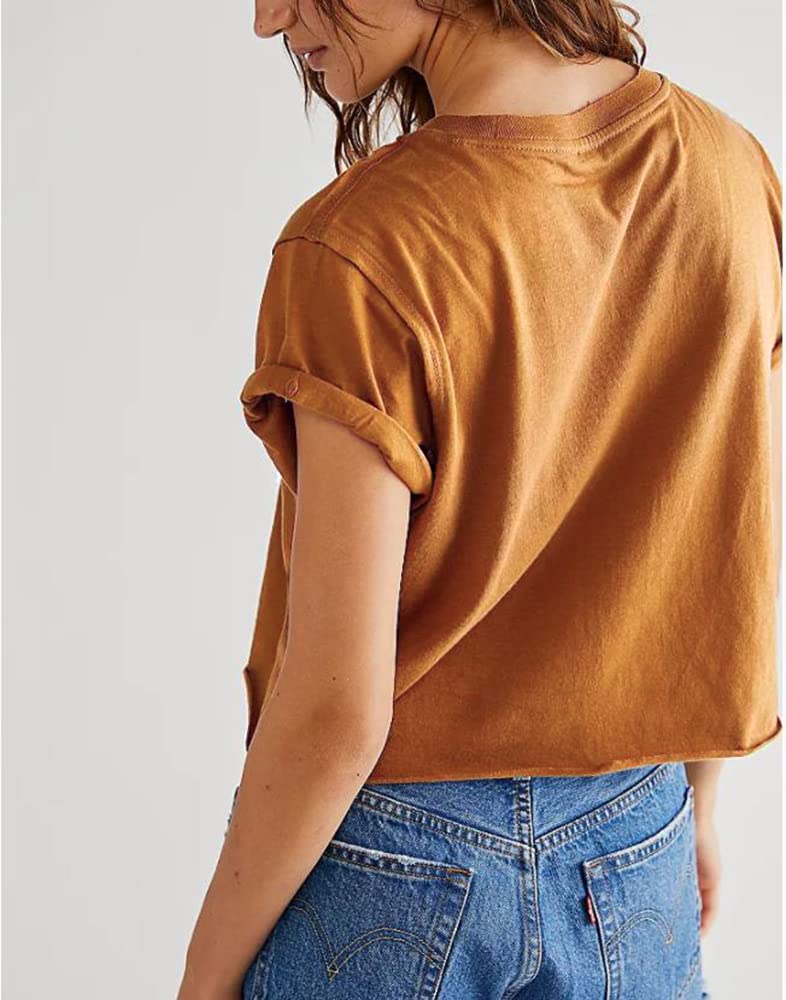 Carpetcom Women's Soft Casual Loose Fit Short Sleeve Tee Shirts Soild Basic Simple Gym Yoga Running Workout Cute Crop Tops Camel