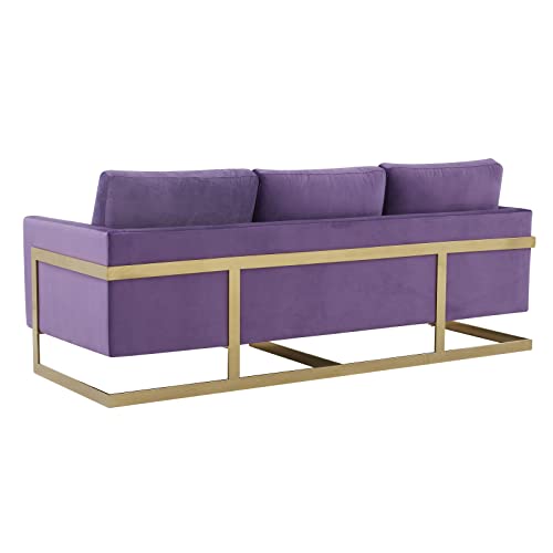 LeisureMod Lincoln Modern Mid-Century Upholstered Velvet 83" Sofa with Gold Frame, Purple
