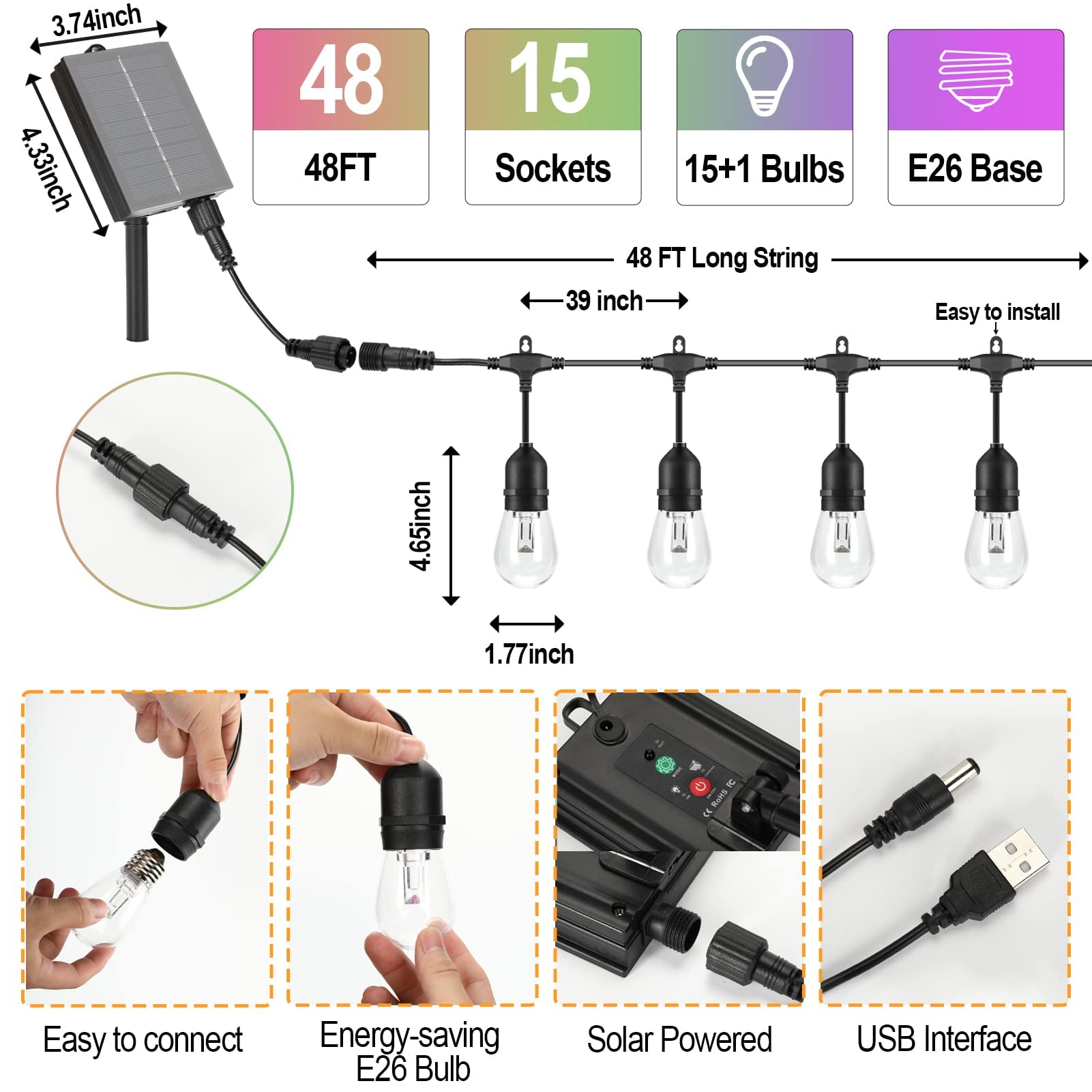 Waterproof 48 FT RGB Solar String Light Outdoor with 16 S14 E26 Shatterproof LED Bulbs, Solar Powered Patio Lights String with Remote Control for Backyard Garden Party.