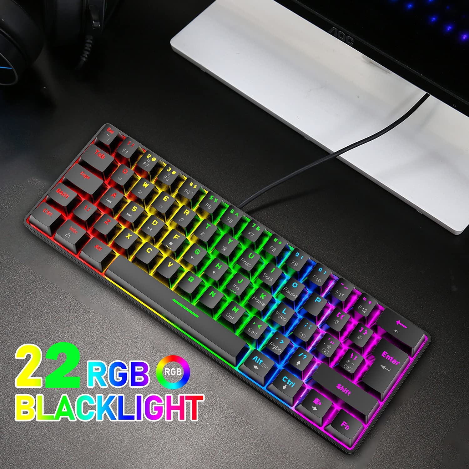 SELORSS Mini 60% Wired Mechanical Gaming Keyboard,22 RGB Chroma Backlit, Compact 62 Full Anti-ghosting Keys, USB C Cable,Replaceable Keycaps,Tactile Switch for Gamer/Typist/Xbox/PC/Win/Mac(Black)