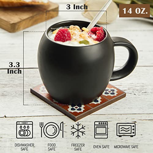 LYEOBOH Coffee Mugs Set Porcelain Coffee Cups,14 OZ Coffee Mugs Ceramic Tea Mug for Hot Cocoa, Diner, Ceramic Large Latte Mug Set of 4, Matte Black