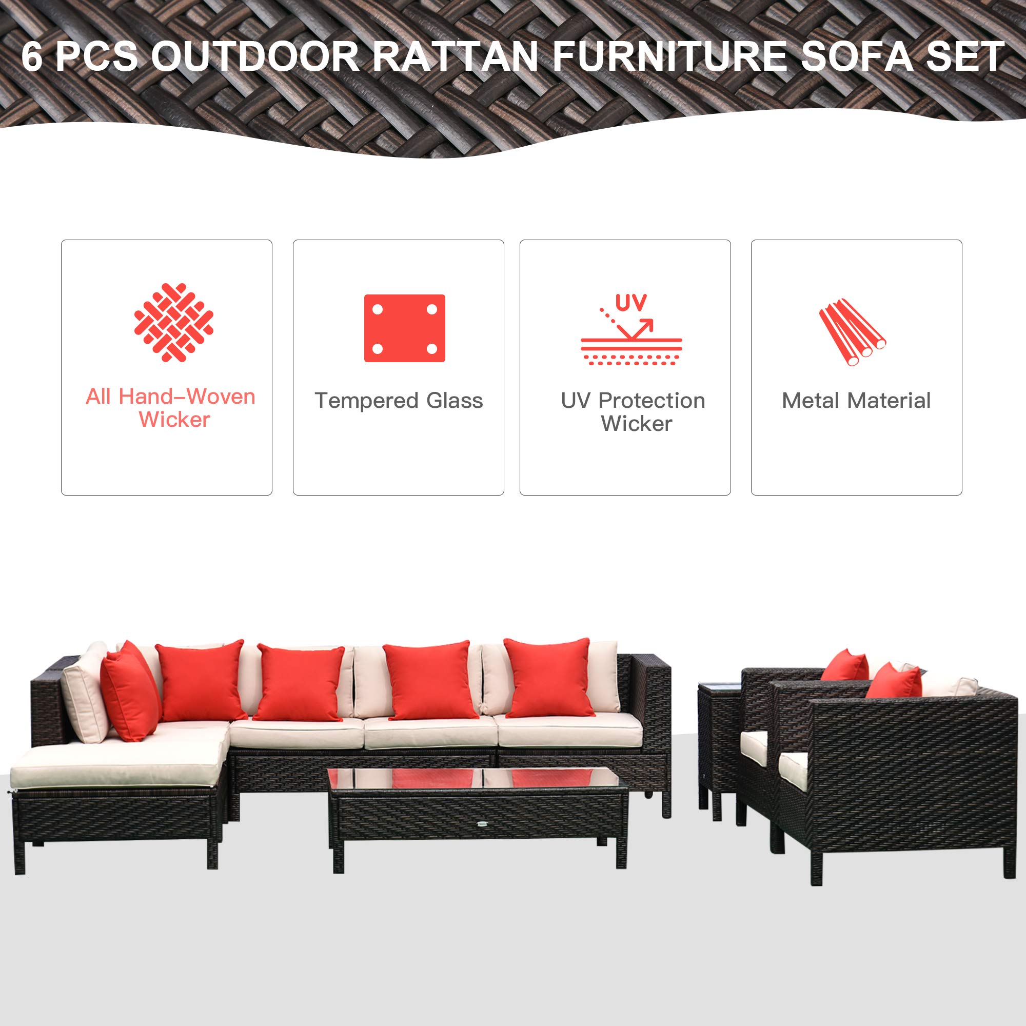 Outsunny Patio Furniture Set, 9 Piece Outdoor Sectional Sofa, All-Weather PE Rattan Wicker Conversation Set with Chairs, Ottoman, Loveseat, Coffee and Side Table, Cushions, Sand
