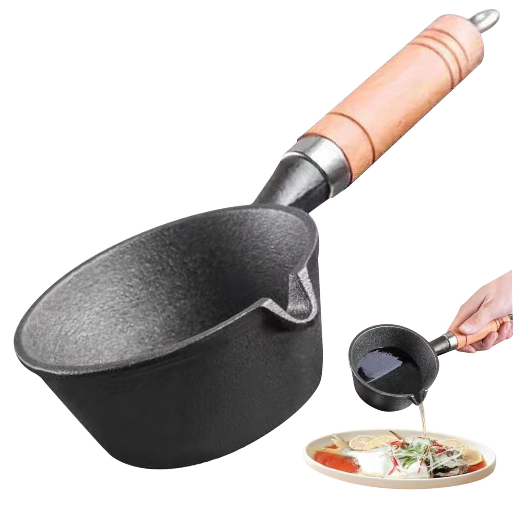 Small Cast Iron Pot Butter Melting Pot, Non-stick Cast Iron Sauce Pot with Wood Handle, Small Cast Iron Melting Pot, Hanging Butter Warmer for Milk Type 1
