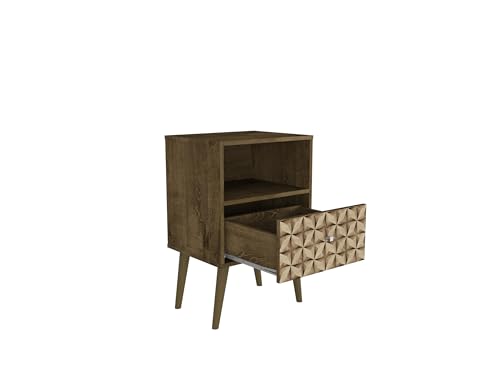 Manhattan Comfort Liberty Mid Century Modern Nightstand with Drawer and Cubby, Bedside Table for Bedroom and Living Room, Night Stand Accent Decor, Easy Assembly, Brown/Brown