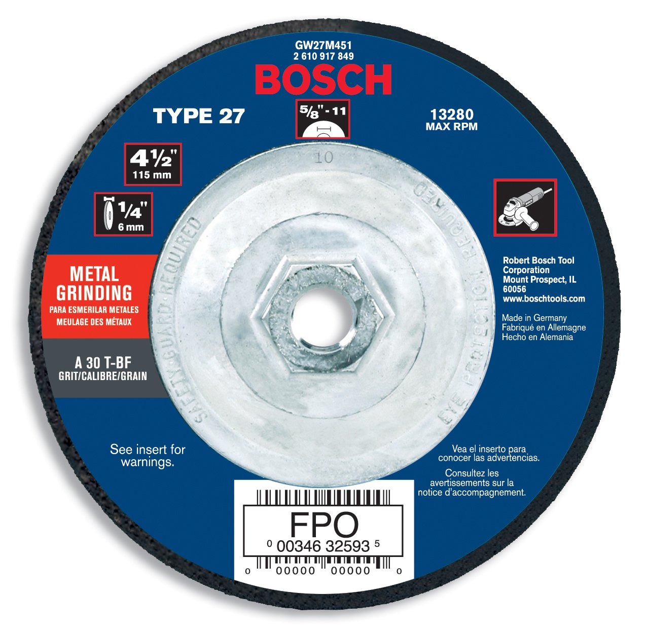 Bosch CG27M451 4-1/2-Inch MetalCutting Type 27 1/8-Inch by 5/8-11-Inch Arbor Grinding Wheel