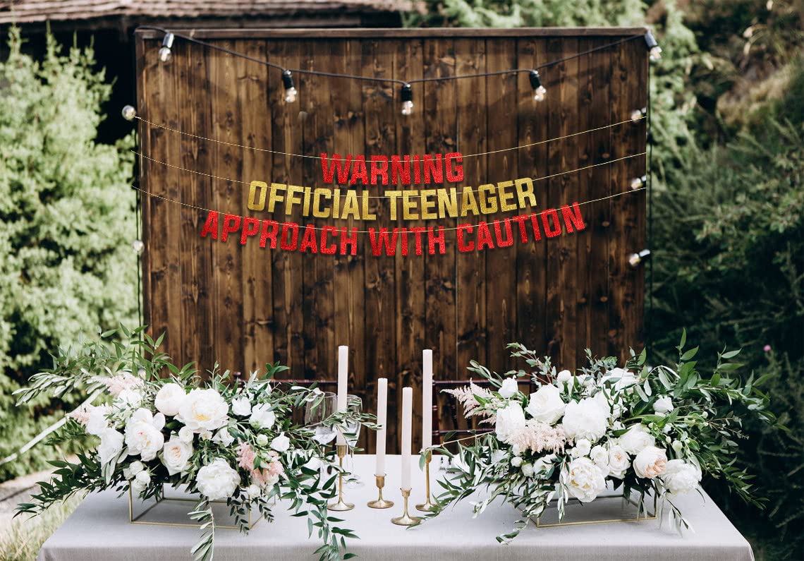 Warning Official Teenager Approach With Caution Gold Glitter Banner - 13th Birthday Party Supplies, Ideas, Gifts and Decorations