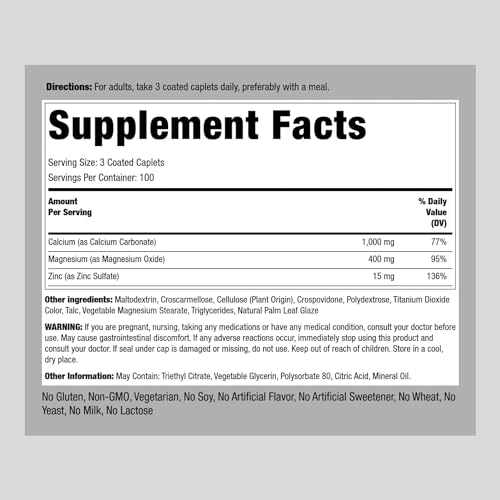 Calcium Magnesium Zinc Supplement | 300 Coated Caplets | Non-GMO, Gluten Free | by Piping Rock