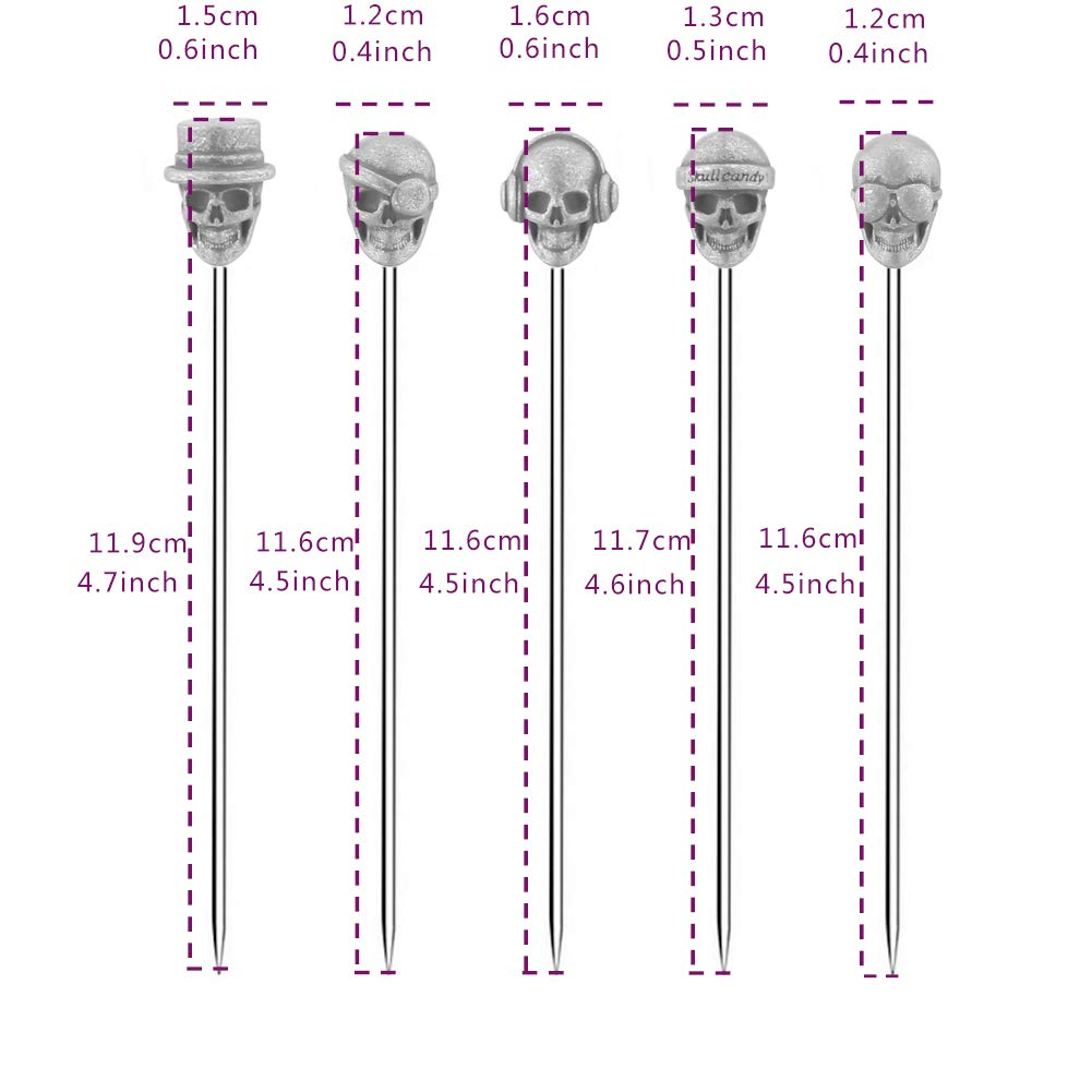 DEEKOUDT Skull Cocktail Picks Martini Picks Reusable Olive Picks Garnish Skewer Fruit Toothpicks Pack of 10 (Antique Silver)