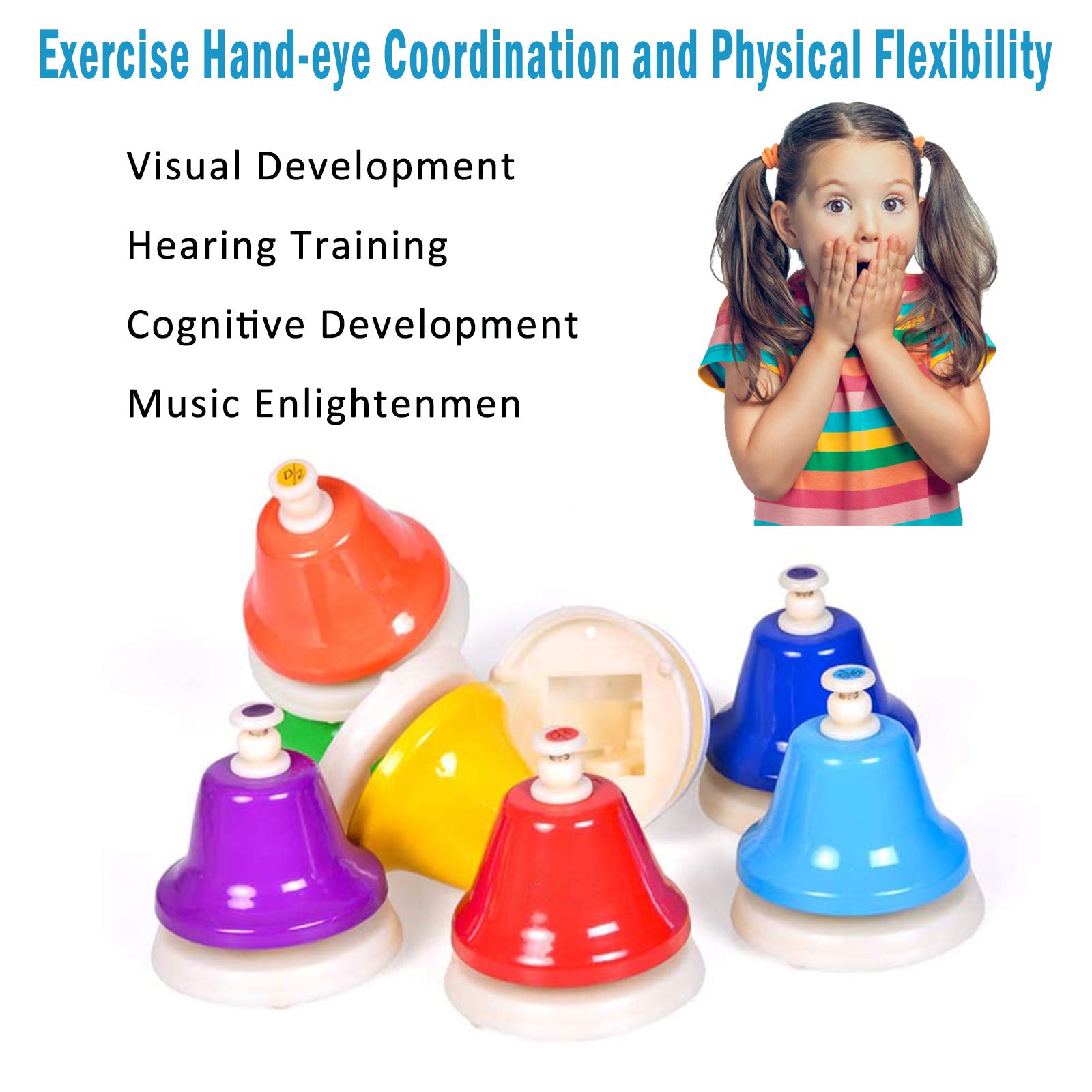 SHINLEYPACK Desk Bells Hand Bells for Kids,8 Notes Diatonic Colorful Metal Music Bells Percussion Instrument Musical Teaching Chromatic Birthday Gift for Children