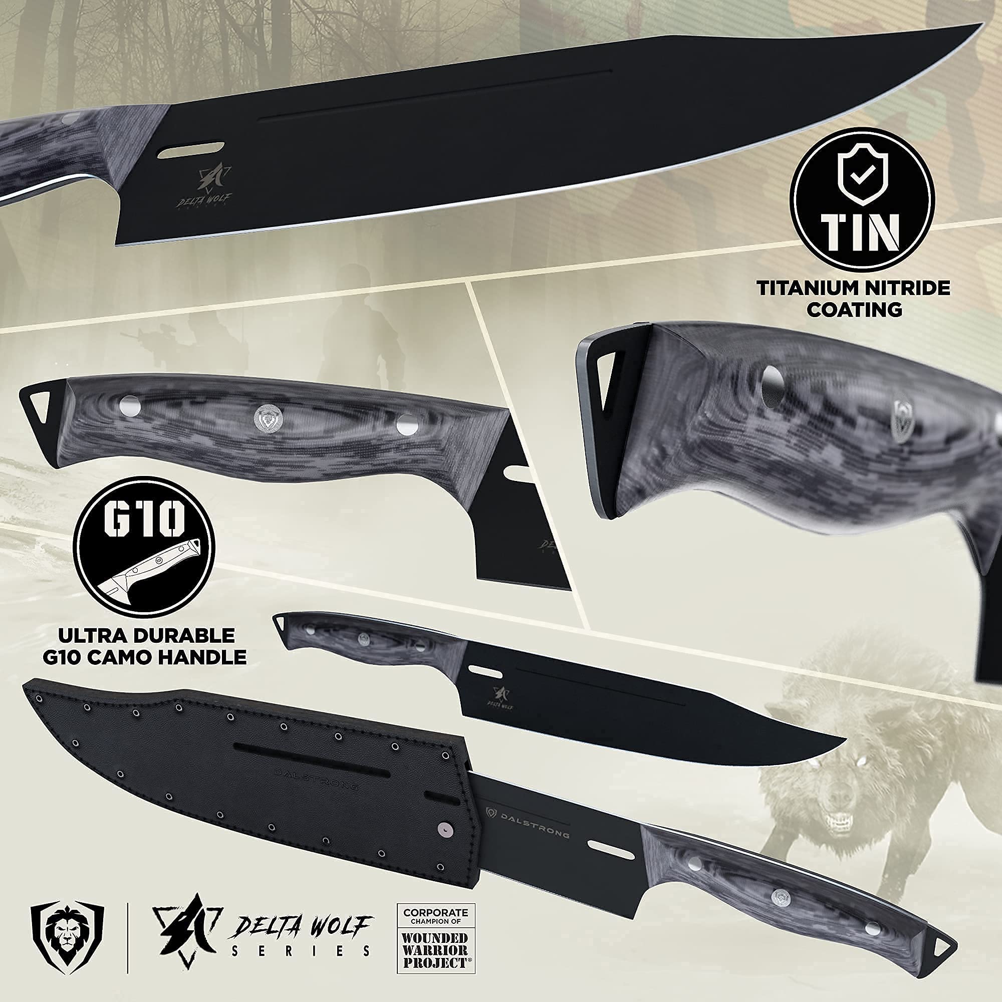 DALSTRONG Delta Wolf Series Chef Knife 10" Bundled with Delta Wolf Series Slicing & Carving Knife 12" with PU Leather Sheath - Black Titanium Nitride Coating - G10 Camo Handle