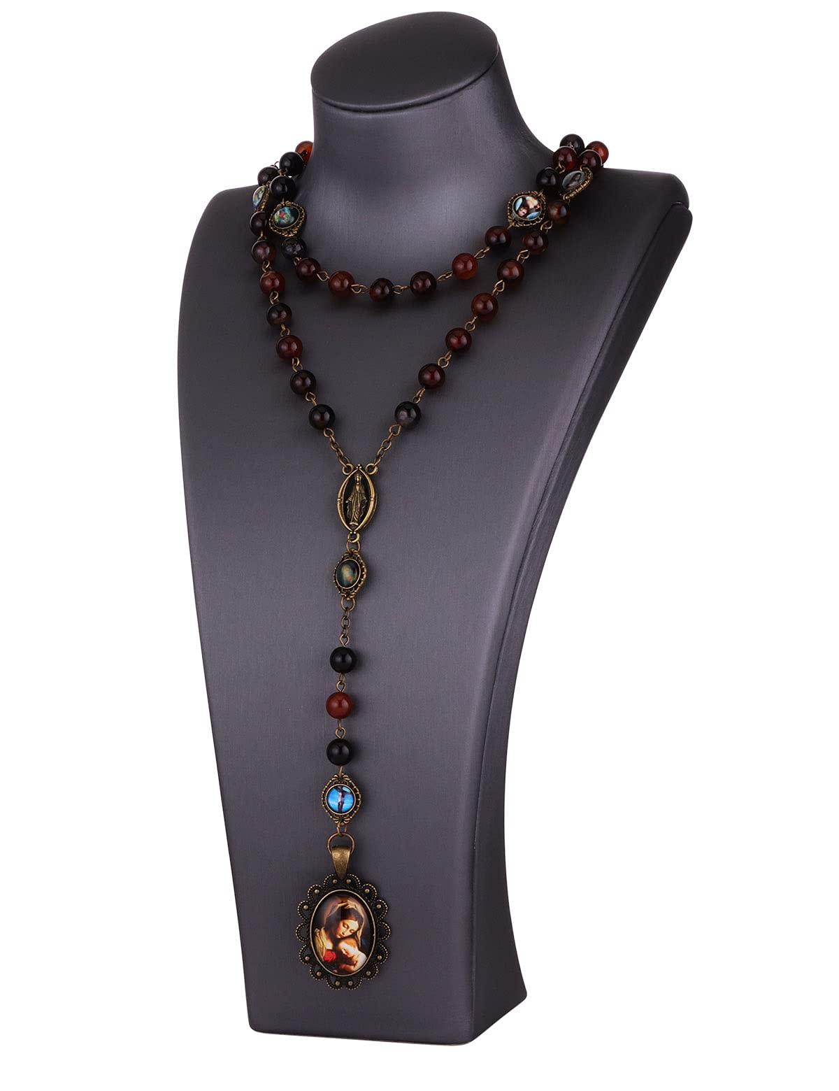 diyalo Servite Rosary of the Seven Sorrows 7 Prayer Beads Chain Religious Holy Blessed Virgin Mary Pendant Y-Necklace (Dark Brown Agate Beads)