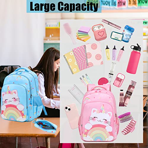 Jumpopack Unicorn Backpack for Girls School Backpack for Elementary Girls Backpack with Lunch Box Lightweight Water Resistance School Bag Preschool Kids Bookbag,Unicorn Cat