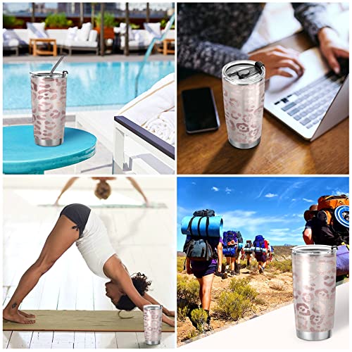 Leopard Print Cheetah Rose Gold Insulated Tumbler Cup with Straw Lid Vacuum Reusable Stainless Steel Water Bottle Coffee Travel Mug 20oz