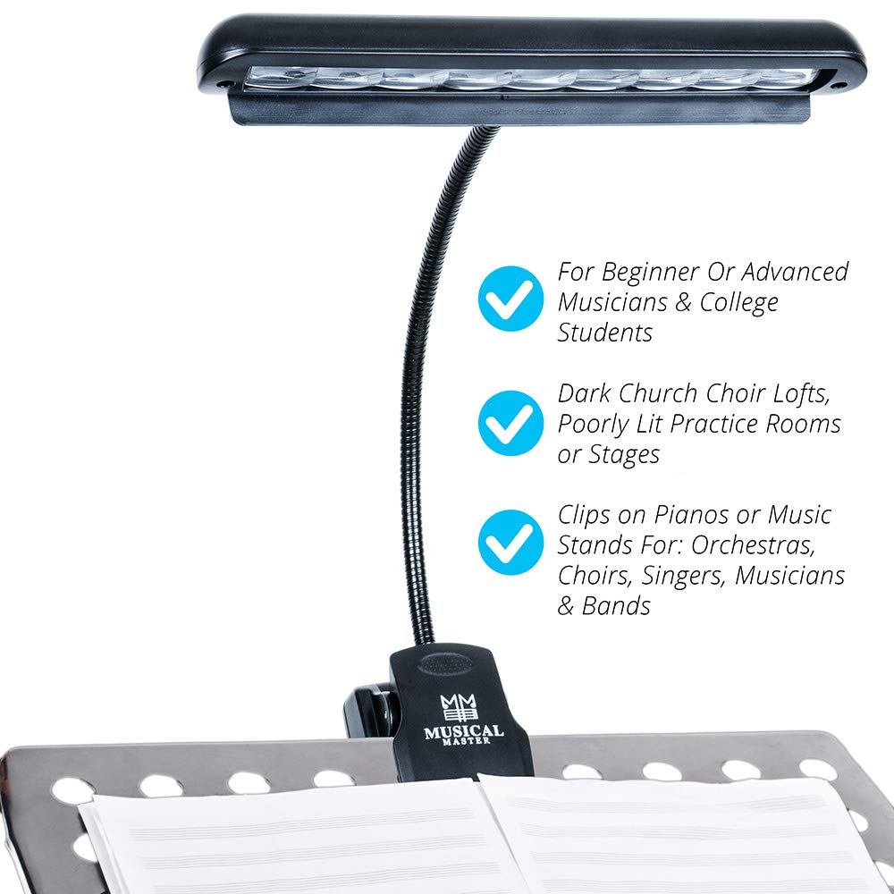 Music Stand Light - Book Light for Reading in Bed β Clip on Portable LED Light - Reading Light - Clamp Light for Violin, Piano, DJ, Desk & More β USB, AA battery operated (Batteries Not Included)