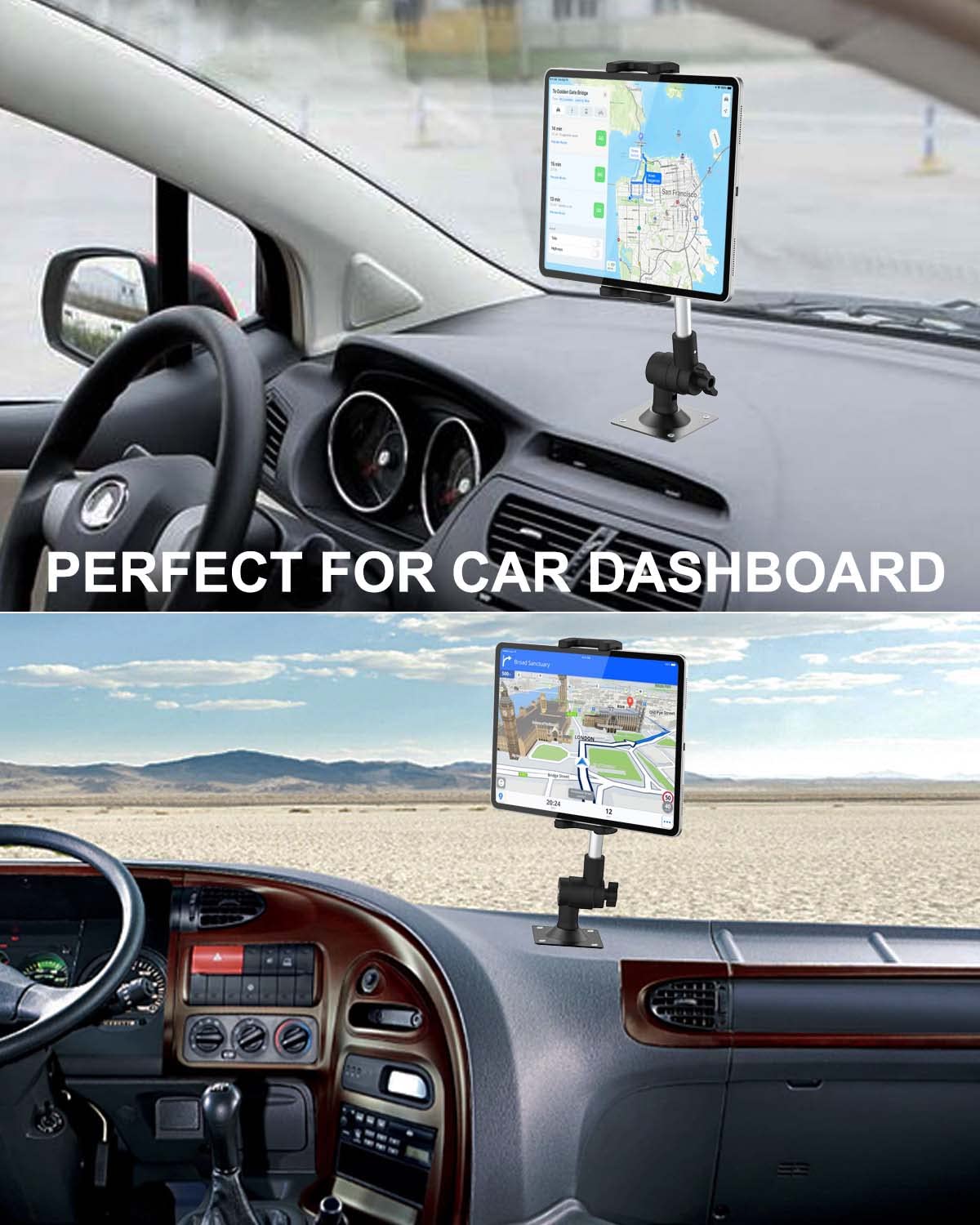 Drill Base Tablet Mount Car Dashboard, Aozcu Heavy Duty Truck Dash iPad Holder with Strong Aluminum Arm, Commercial Vehicles Tablet Stand for iPad Pro Air Mini,Galaxy Tabs, iPhone, All 4-12.9" Tablets