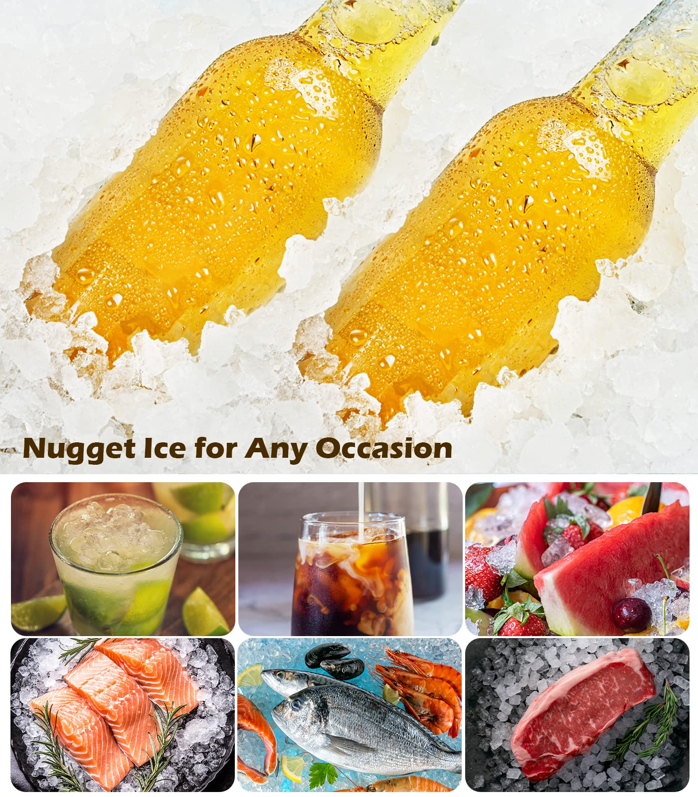 FOOING Nugget Ice Maker Countertop, Crushed Chewable Maker, Self Cleaning Makers with One-Click Operation, 34Lbs/24H, Pebble Portable Machine Scoop for Home Bar Camping RV