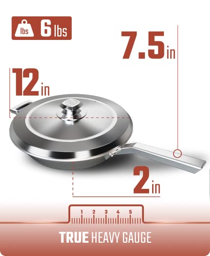 DALSTRONG Frying Pan Skillet - 12 inch - The Avalon Series - 5-Ply Copper Core - Hammered Finish Cooking Pan - 3 Quart - Premium Silver Kitchen Cookware - Omelet, Beef, Egg Pan - w/Lid & Pot Protector