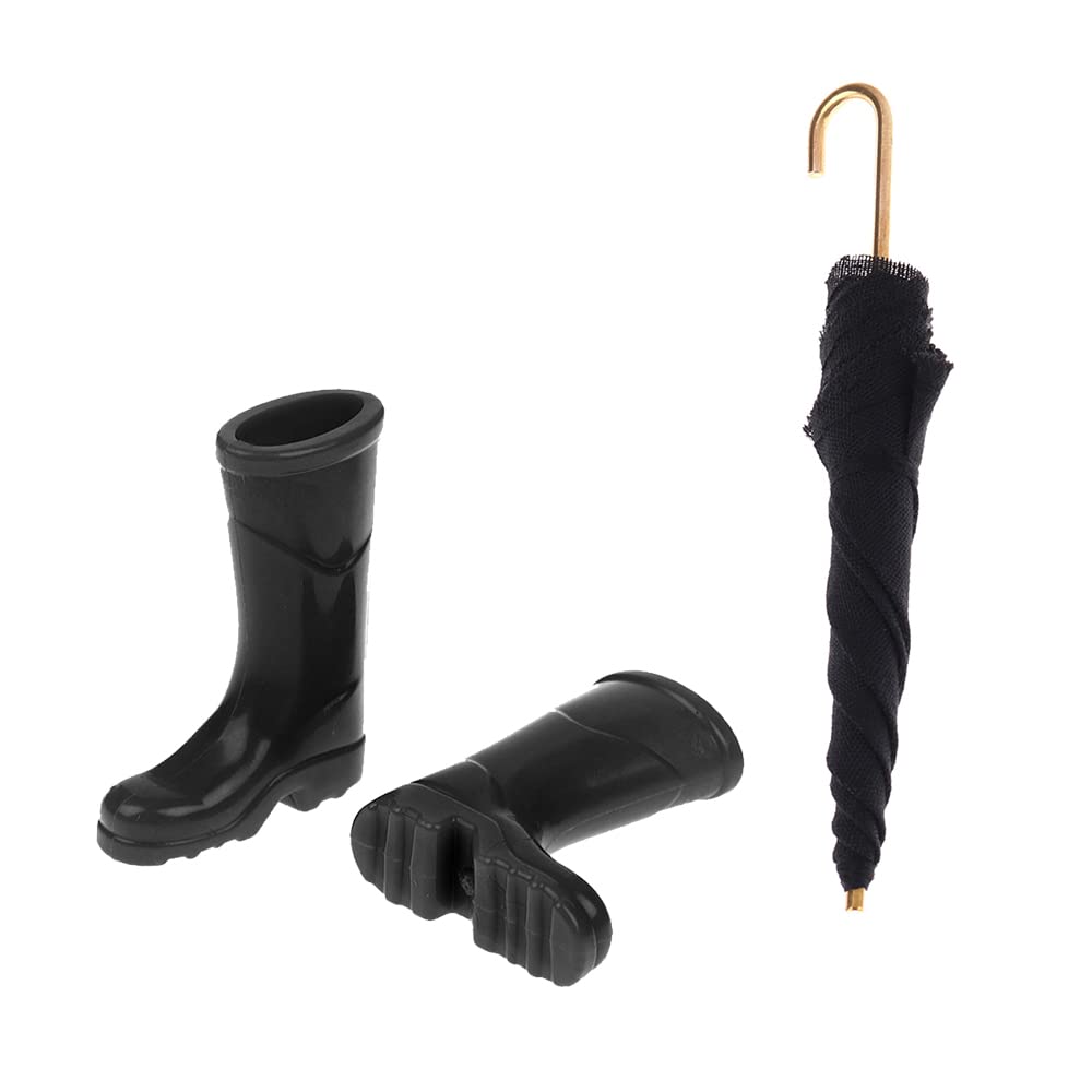 Set of 2, 1:12 Dollhouse Miniature Umbrella with Rain Boots(Black)