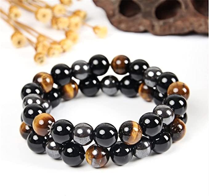 WFJ Black Obsidian Hematite Triple Protection Bracelet Tiger Eye Beads Bracelets for Men and women(10MM), Set of 2 black,gray 19cm