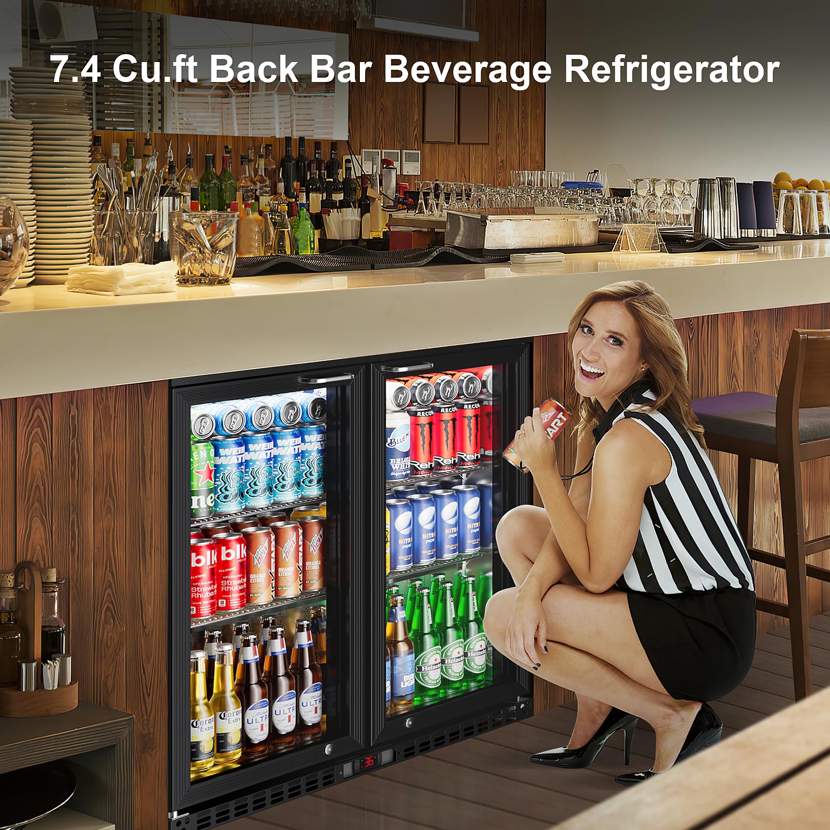 ECEVT Back Bar Cooler Under Counter Refrigerator Double Door 7.4 Cu.ft for Beer,Soda Drinks,Wine with LED Lighting for Commercial Display Beverage Fridge, ETL Approved 35.45" W 33.08" H