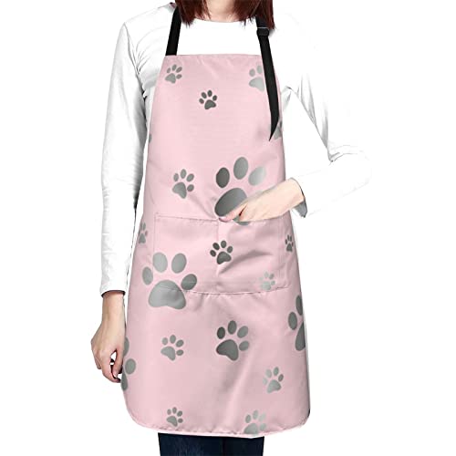 Perinsto Cute Dog Paws Pink Waterproof Apron With 2 Pockets Kitchen Chef Aprons Bibs For Cooking Baking Painting Gardening Grooming