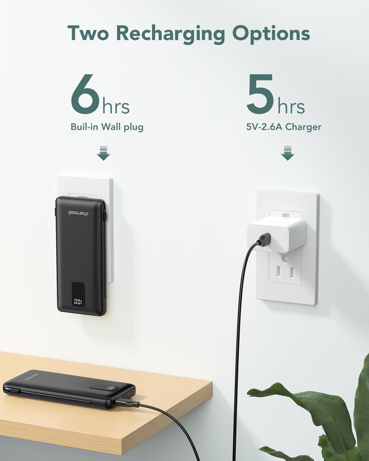 Charmast Portable Charger with Built-in Cables and AC Wall Plug, 10000mAh Compact Slim Power Bank, External Battery Pack, Travel Essentials Compatible with iPhone, Samsung, iPad, All Cellphones