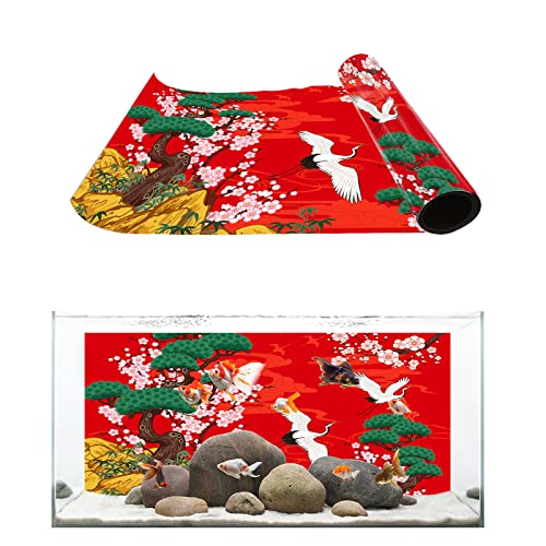 Cherry Blossom Tree Aquarium Background Poster Fish Tank Background for Fish Tank Backgrounds Wallpaper Decoration 12.4x24.4 inch Retro Crane Auspicious Cloud