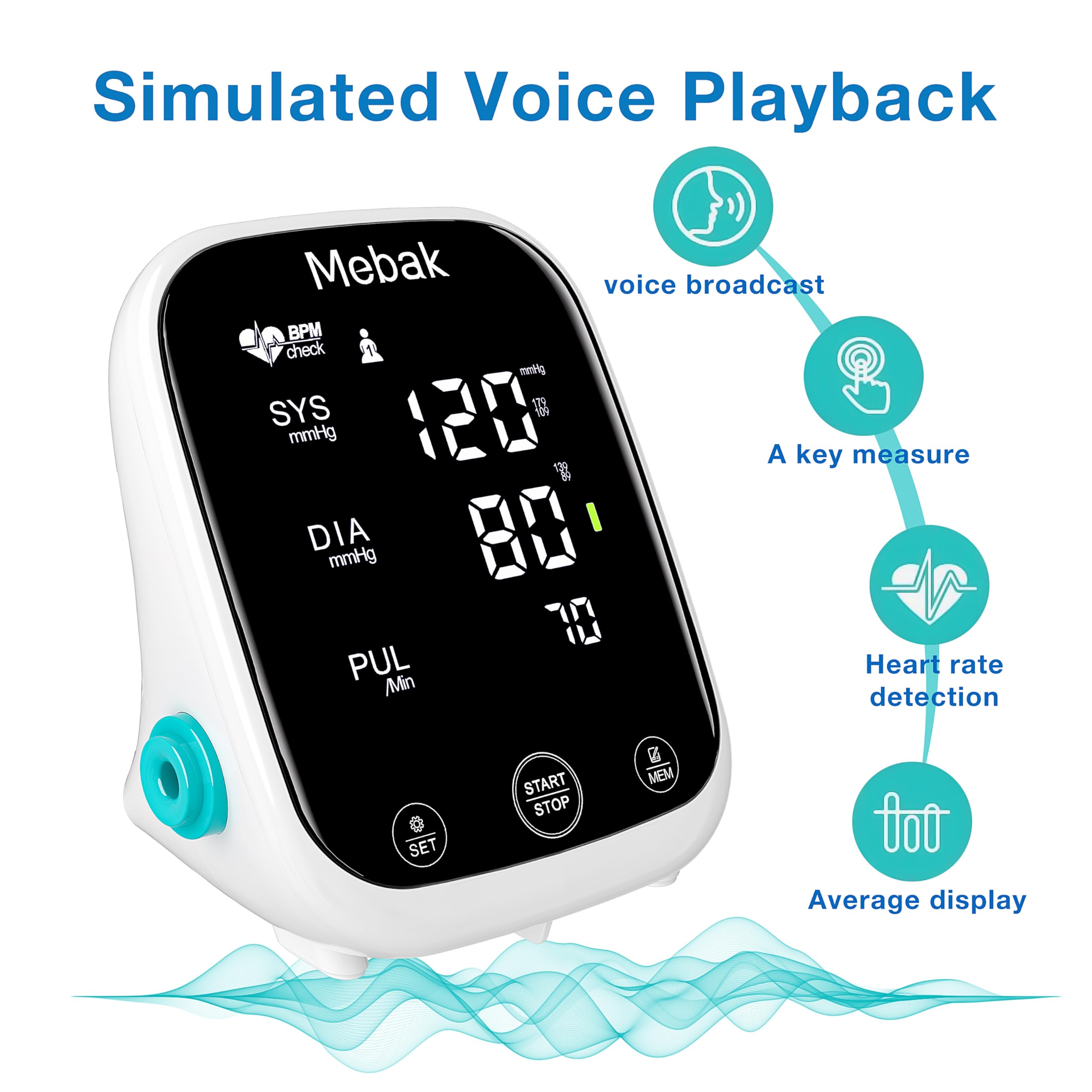 Blood Pressure Monitor Upper Arm, Mebak Automatic Digital BP Machine Cuffs for Home Use, Pulse Rate Monitoring with Large Display, 2x120 Memory
