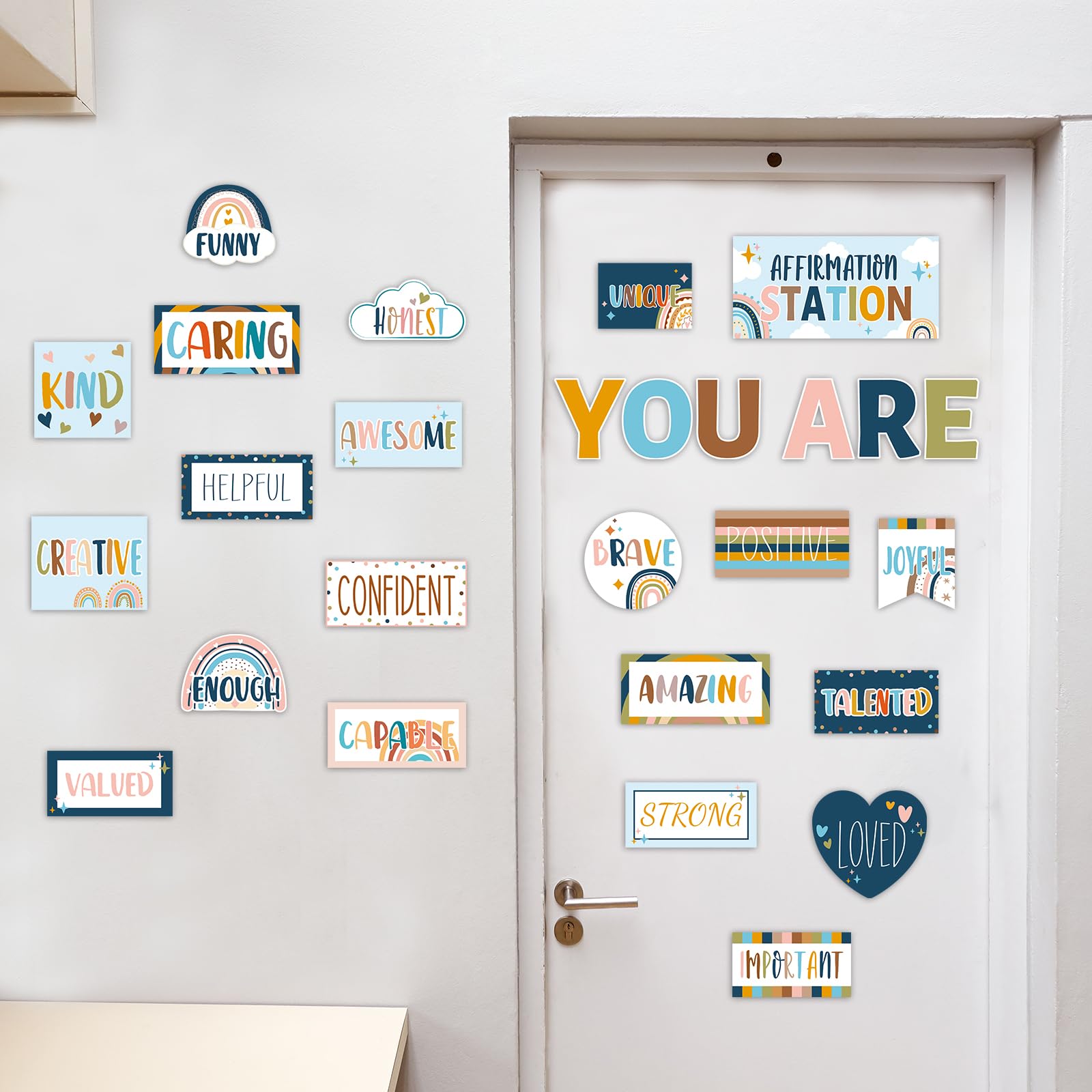 Boho Affirmation Station Bulletin Board Set Rainbow Bulletin Board for Classroom Decor Hippie Motivational Posters Positive Affirmations Accents Cutouts for Teachers School Chart Wall Supplies
