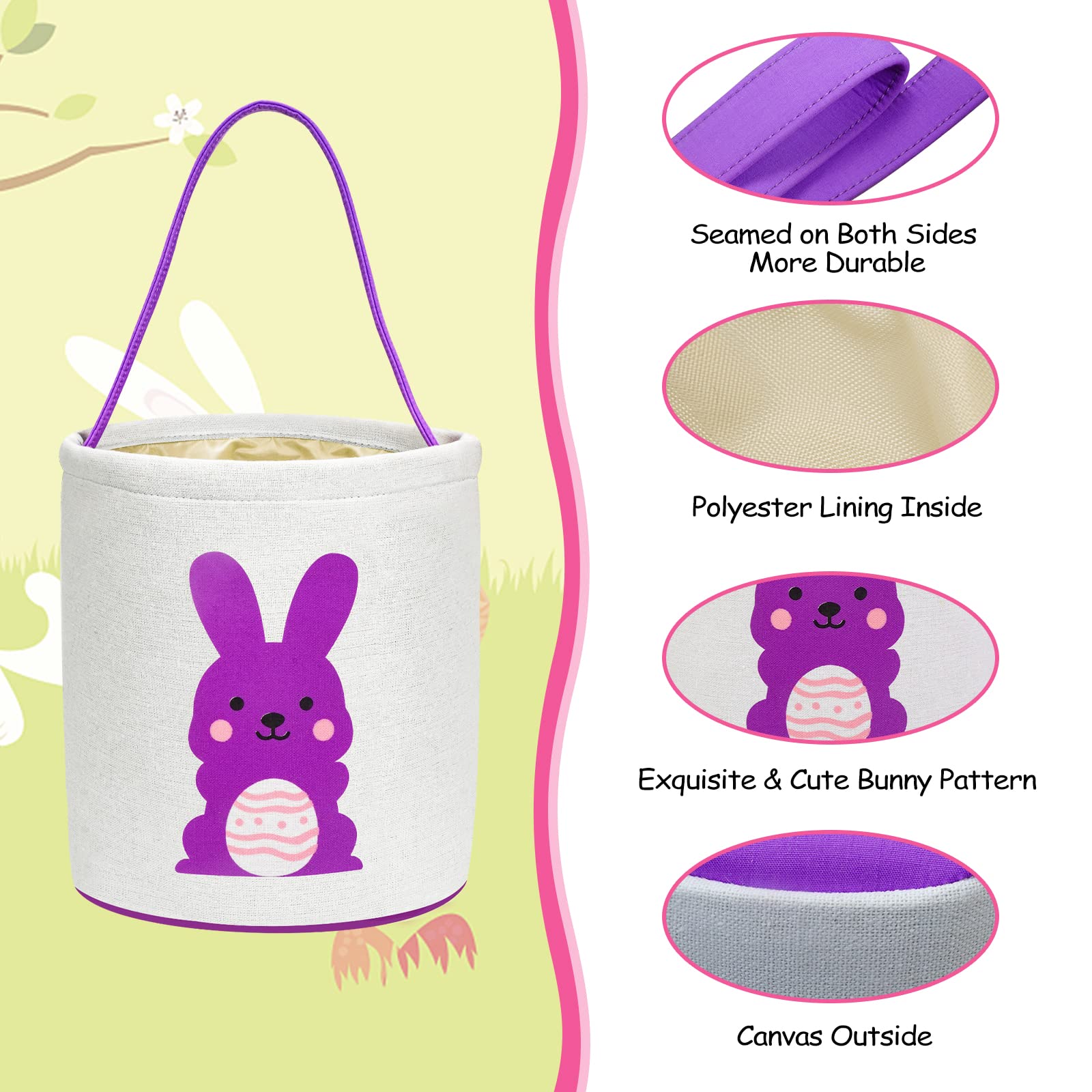 Easter Baskets for Kids, Easter Bunny Canvas Bags with 10Pcs Cute Tattoo Stickers for Easter Egg Toy Hunting, Reusable Candy Gifts Storage Baskets, Easter Decorations Party Supplies