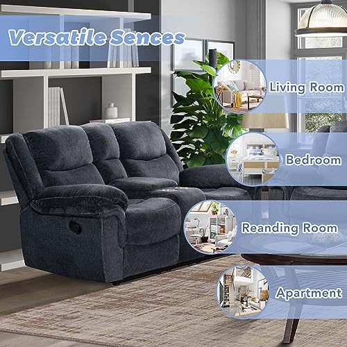 FULife Oversized Manual Motion Recliner 2 Seaters Sofa Wall Hugger Chair Double Reclining Sectional Couch Loveseat Lounge Sofá with USB Ports,Power Sockets,Center Storage Console&Cup Holders