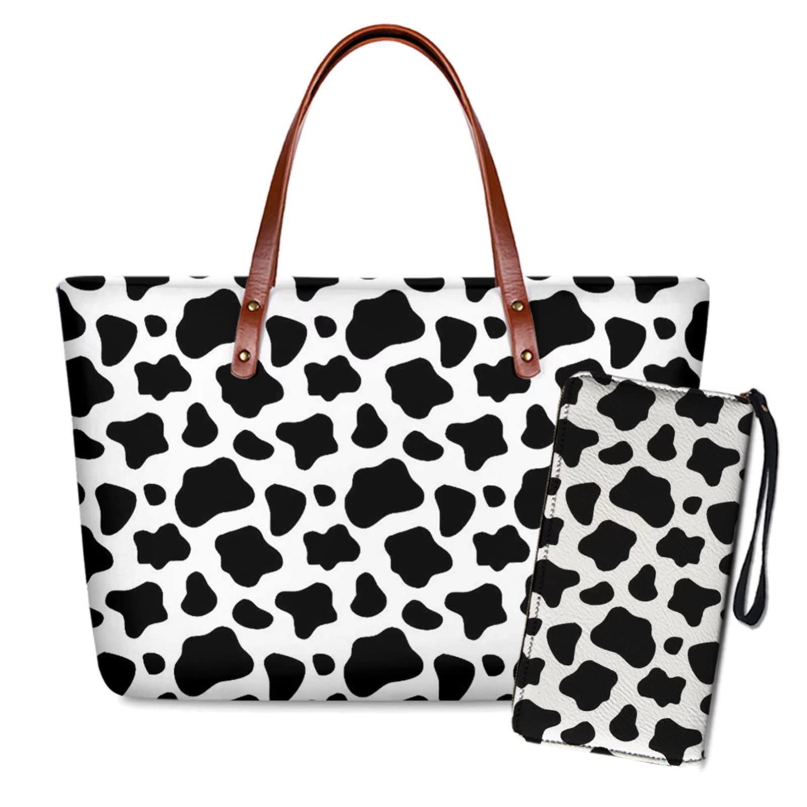 SCRAWLGOD Cow Print Purses and Handbags Set for Women Shopping Large Tote Top-handle Shoulder Bags with Matching Wallet Card Holder 2pcs Gift