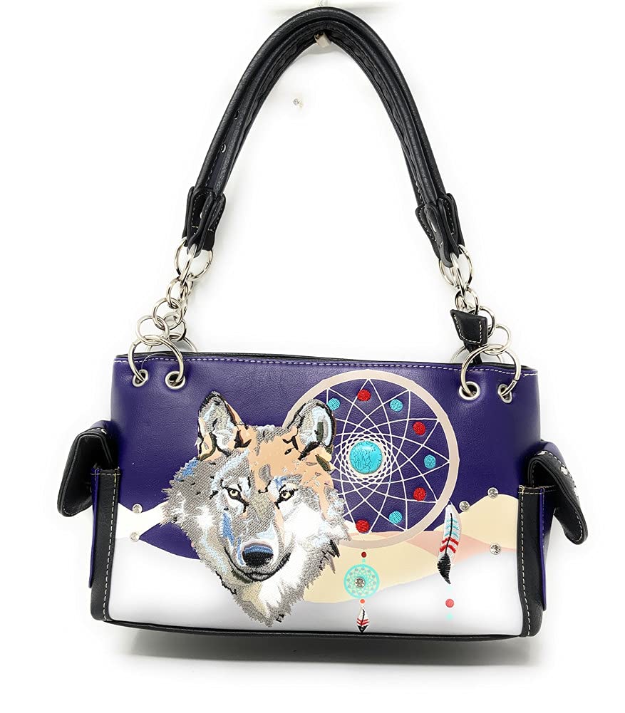 Western Wolf Dream Catcher Embroidery Feather Conceal Carry Women Handbag Purse in 5 colors (Black Wallet)