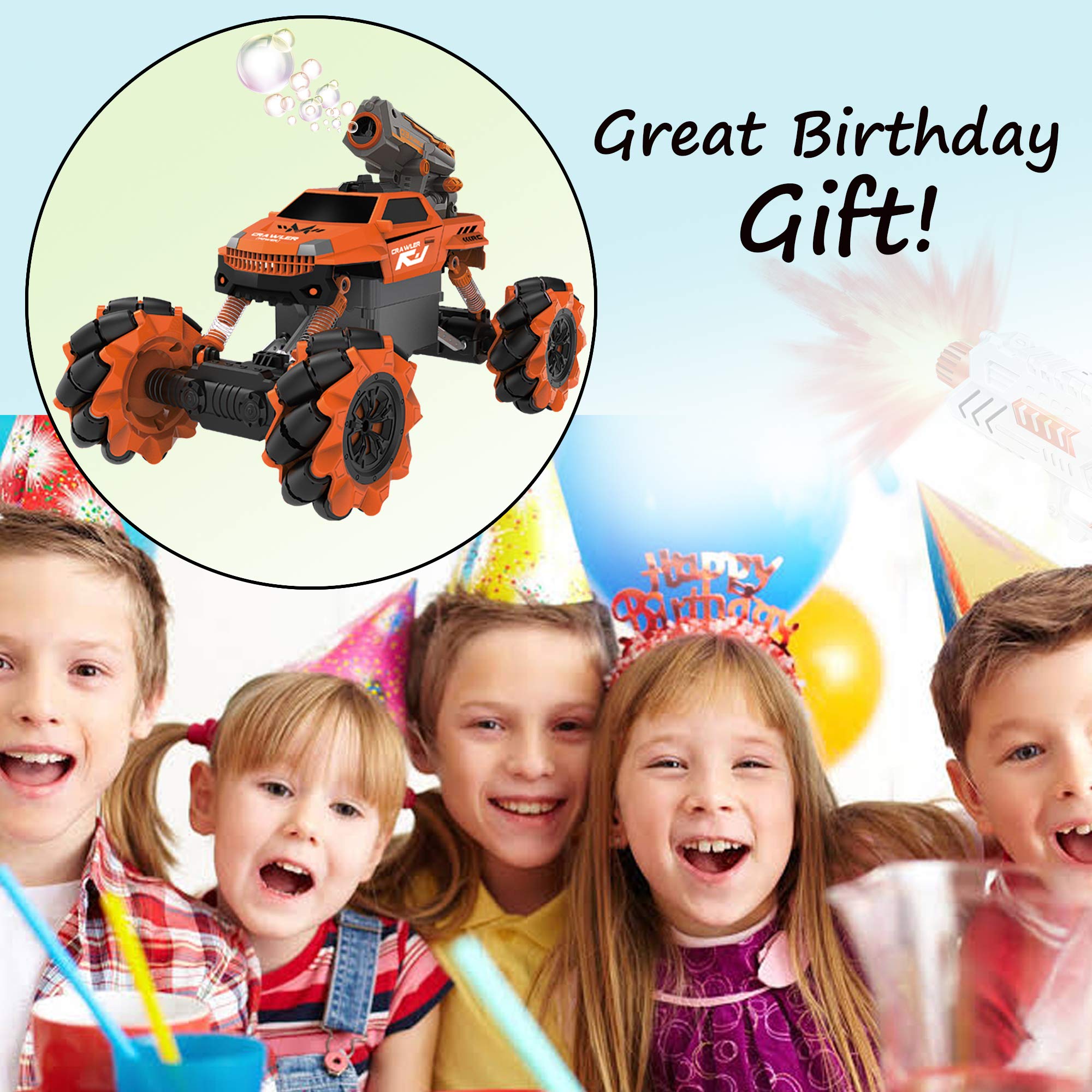 Vaiyer RC Rechargeable, Remote Control Stunt Car for Kids w/ 2-in-1 Interchangeable Toy Bubble Blaster and Water Gun Tops, Rock Crawler Off Road Vehicle w/ 360 Degree Movement (Orange)