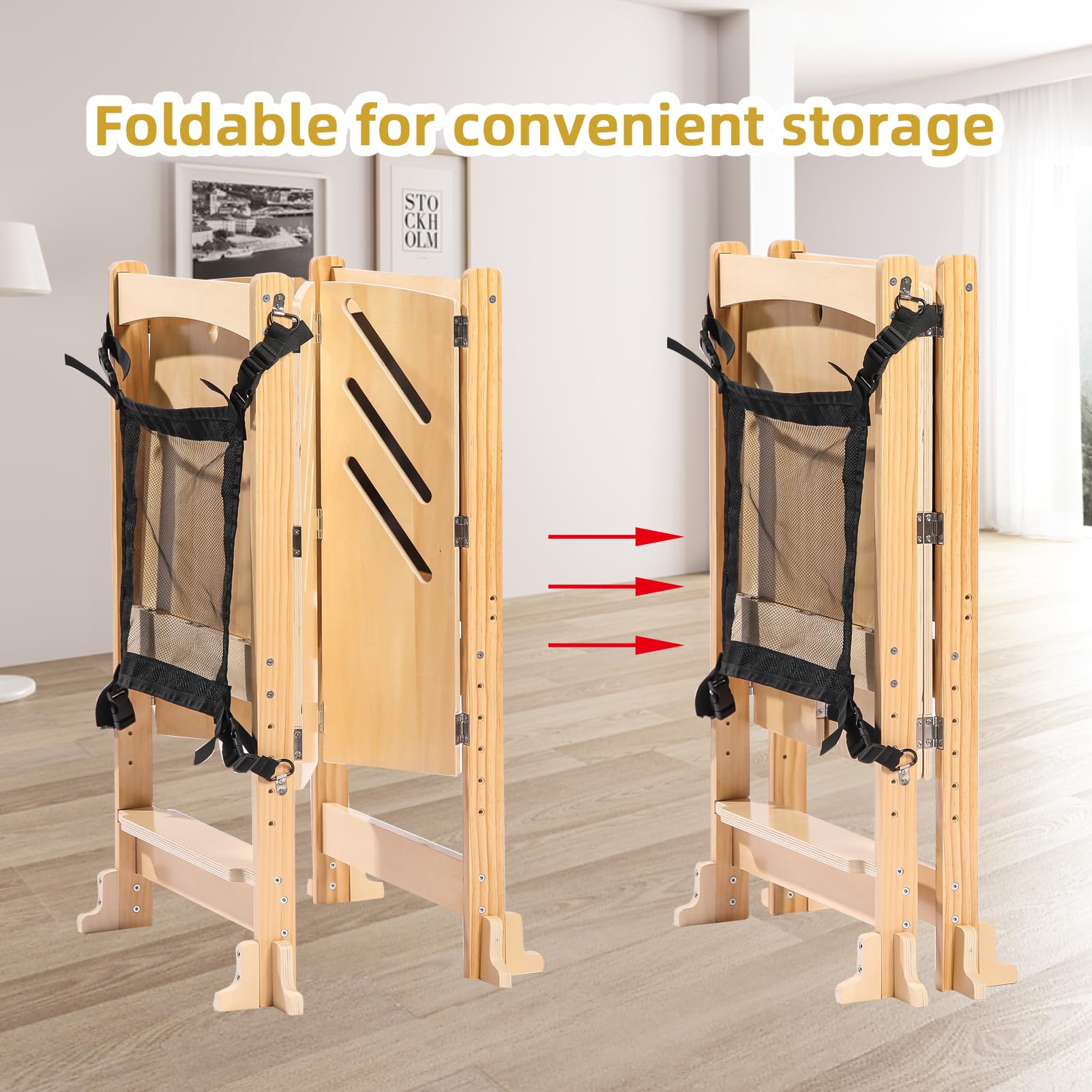 Foldable Toddler Kitchen Step Stool with 5-Level Height Adjustment,with Keeper and Graffiti Drawing Board .Wooden Toddler Tower for Toddlers Over 18 Months Old .(Natural)
