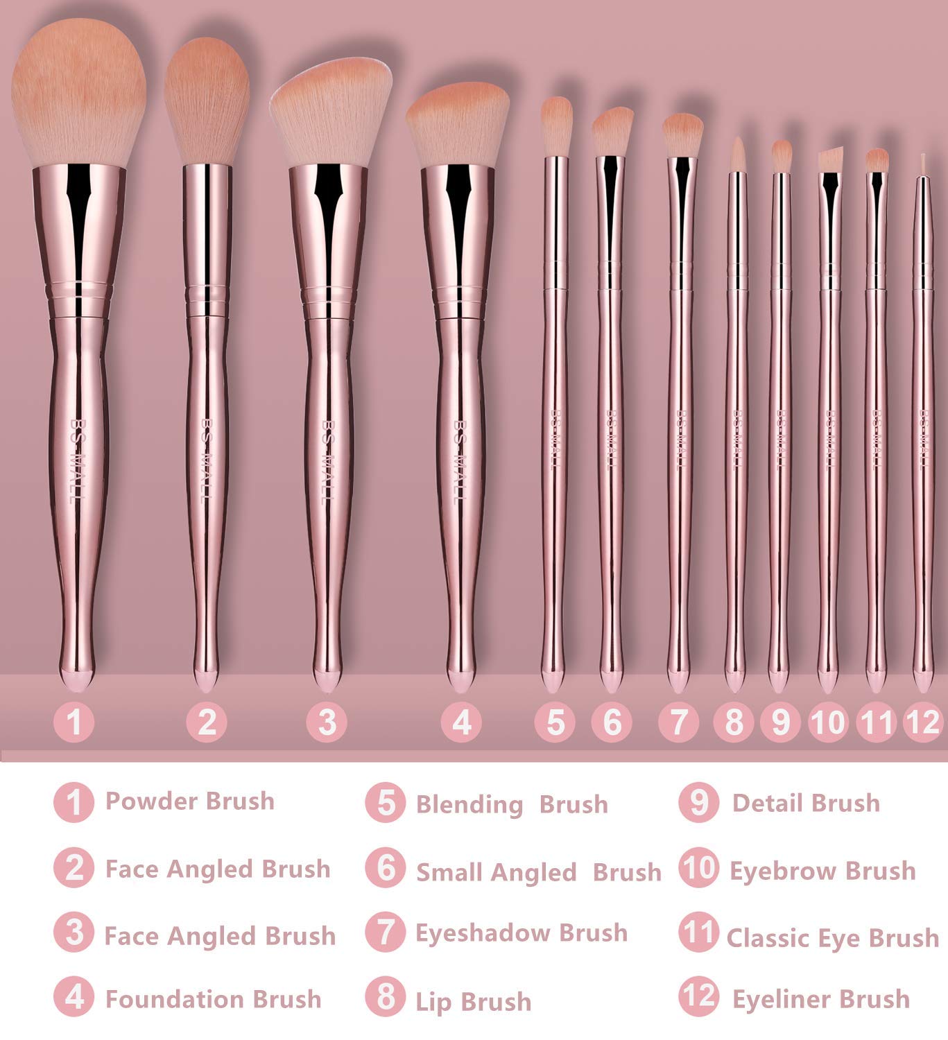 BS-MALL Makeup Brush Set 12 Pcs Premium Synthetic Foundation Powder Concealers Eye shadows Blush Makeup Brushes Lip Cosmetic Brushes( Rose)