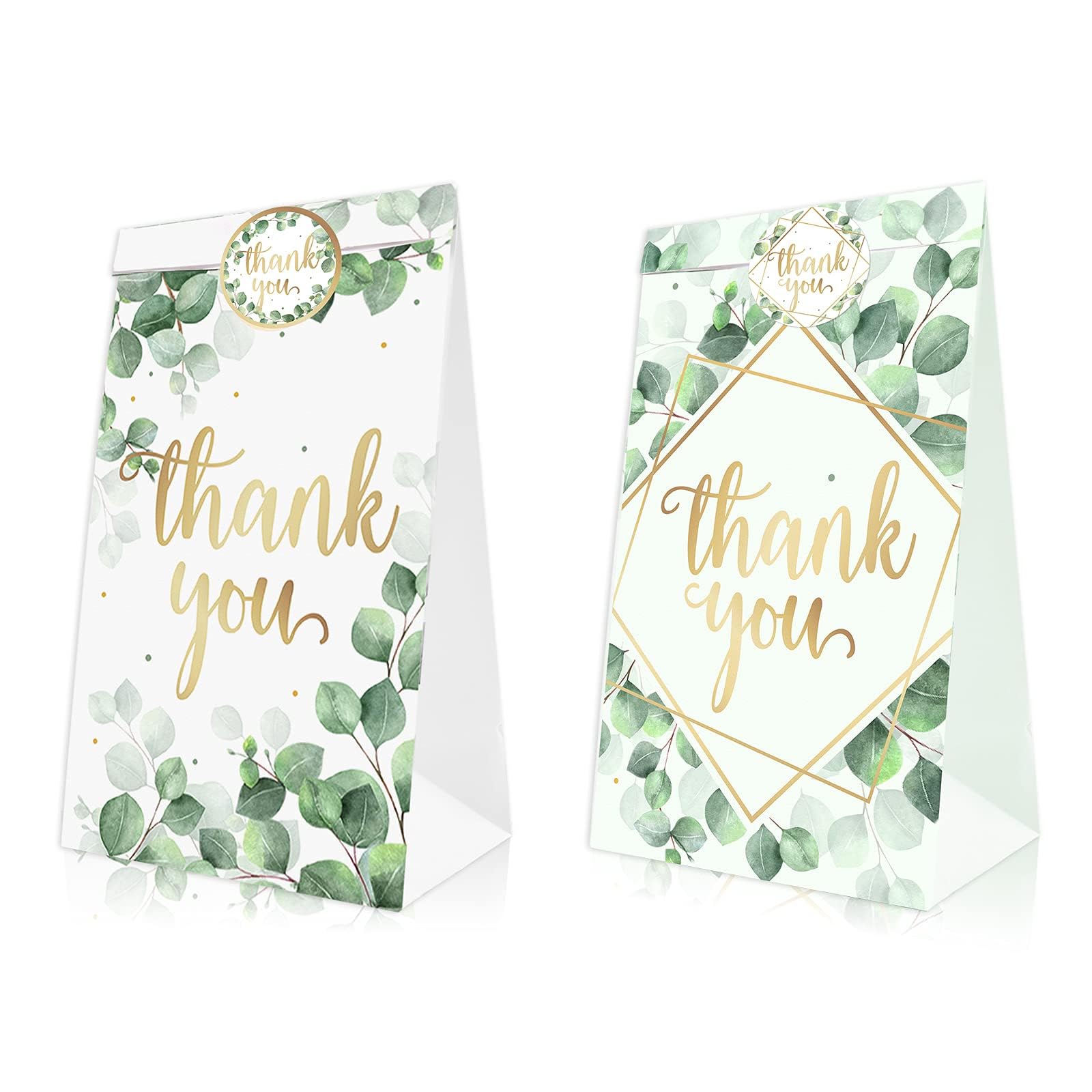 Levfla 24Pack Eucalyptus Greenery Spring Thank You Candy Bags with Stickers Sage Green Goodie Bags Neutral Baby Shower Bridal Shower Gift Paper Sack B-day Party Favor Ideas Decoration