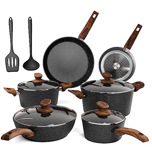 MAISON ARTS 12 Piece Pots and Pans Set Kitchen Cookware Sets Nonstick Granite Cooking Set for Induction & Dishwasher Safe, Oven, Stovetop, Black