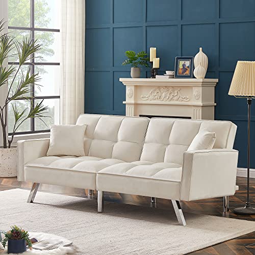 hansones Futon Sofa Bed,Loveseat Folding Daybed,Modern Velvet Fabric Convertible Folding Lounge Couch withwith Arm 2 Pillows Split for Small Space, Home, Living Room (Cream White)