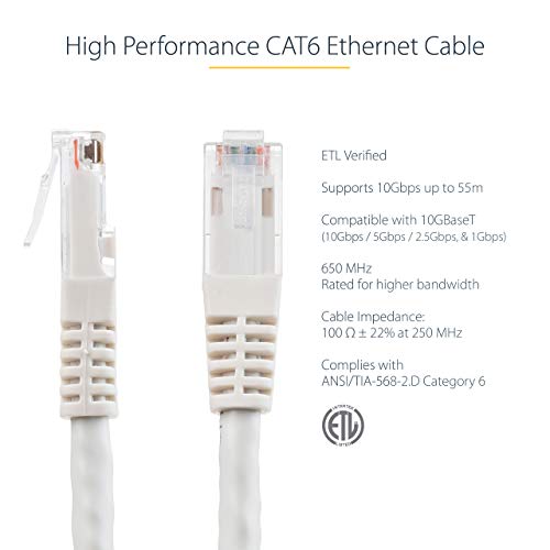 StarTech.com 6ft CAT6 Ethernet Cable - White CAT 6 Gigabit Ethernet Wire -650MHz 100W PoE++ RJ45 UTP Molded Category 6 Network/Patch Cord w/Strain Relief/Fluke Tested UL/TIA Certified (C6PATCH6WH)