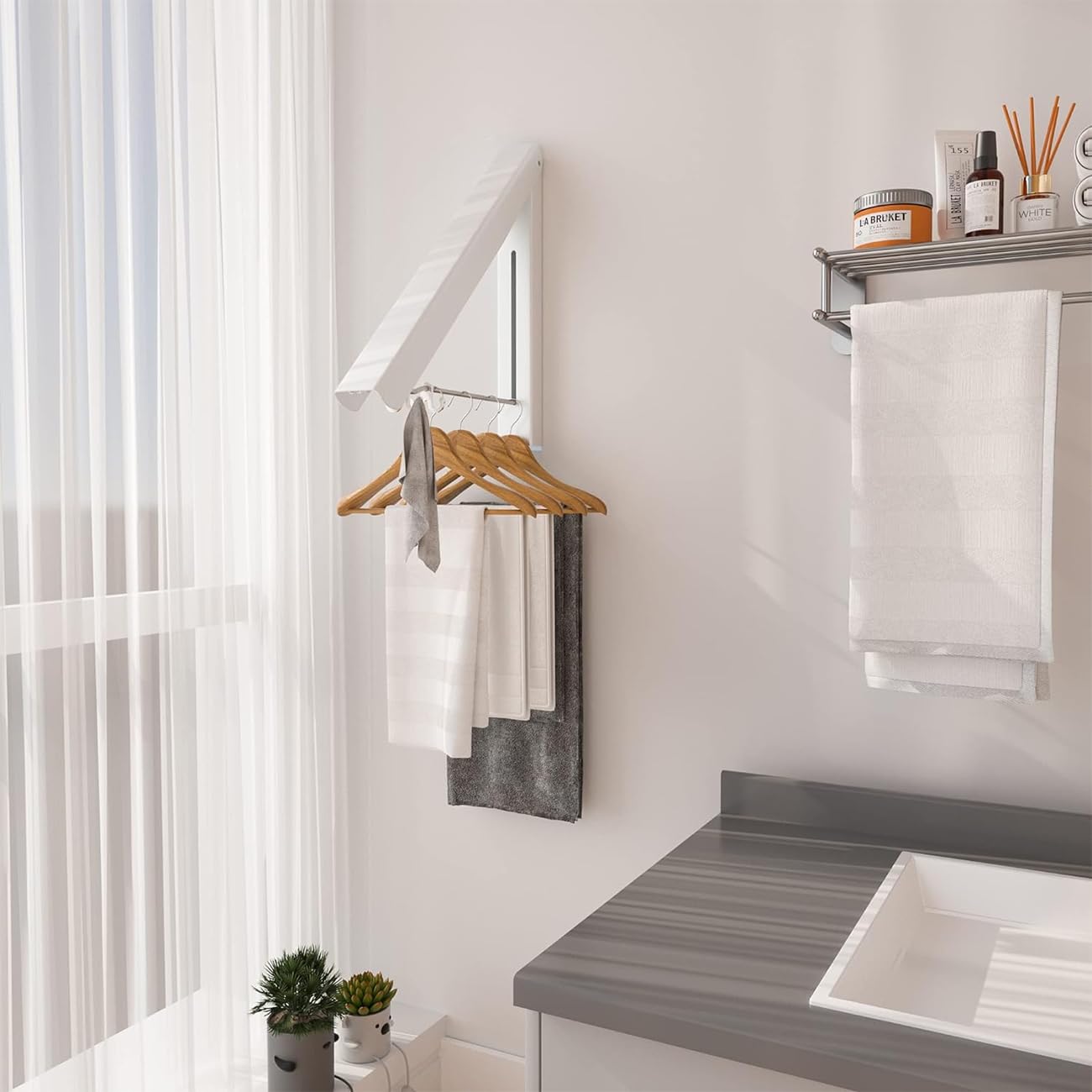 Foldable Wall Mounted Drying Rack with 80CM Extension Rod,Heavy Duty Aluminum Telescopic Clothes Hanger for Laundry Room Organisation Storage Drying Hanging Clothes with Drying Rod (2-Pack, White)