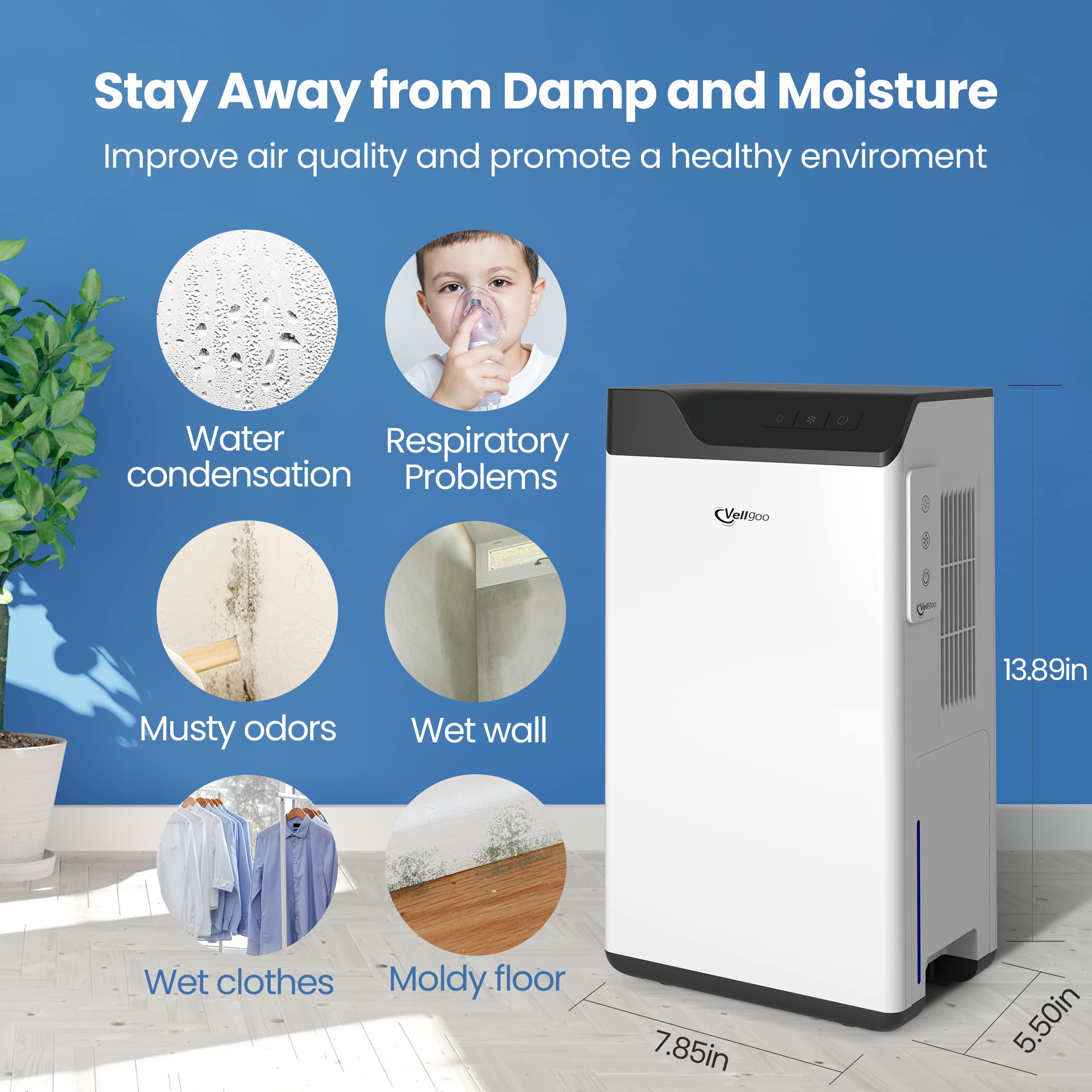 Dehumidifiers for Home - Vellgoo Dual Semiconductor Dehumidifier for Bathroom Basement Up to 540 sq.ft with 60oz Watertank, Dehumidifier with 1.5m Drain Hose