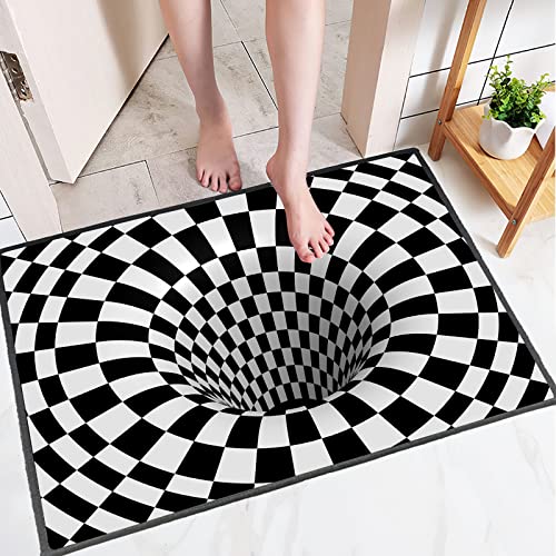 GAGNONLEE 3D Vortexes Illusion Carpet Black White Plaid Square Rugs 3D Visual Optical Floor Mat for Bedroom Livingroom Home Decor Non-Slip Area Rug 24 x 16 inch, 24'x 16'(60x40cm)