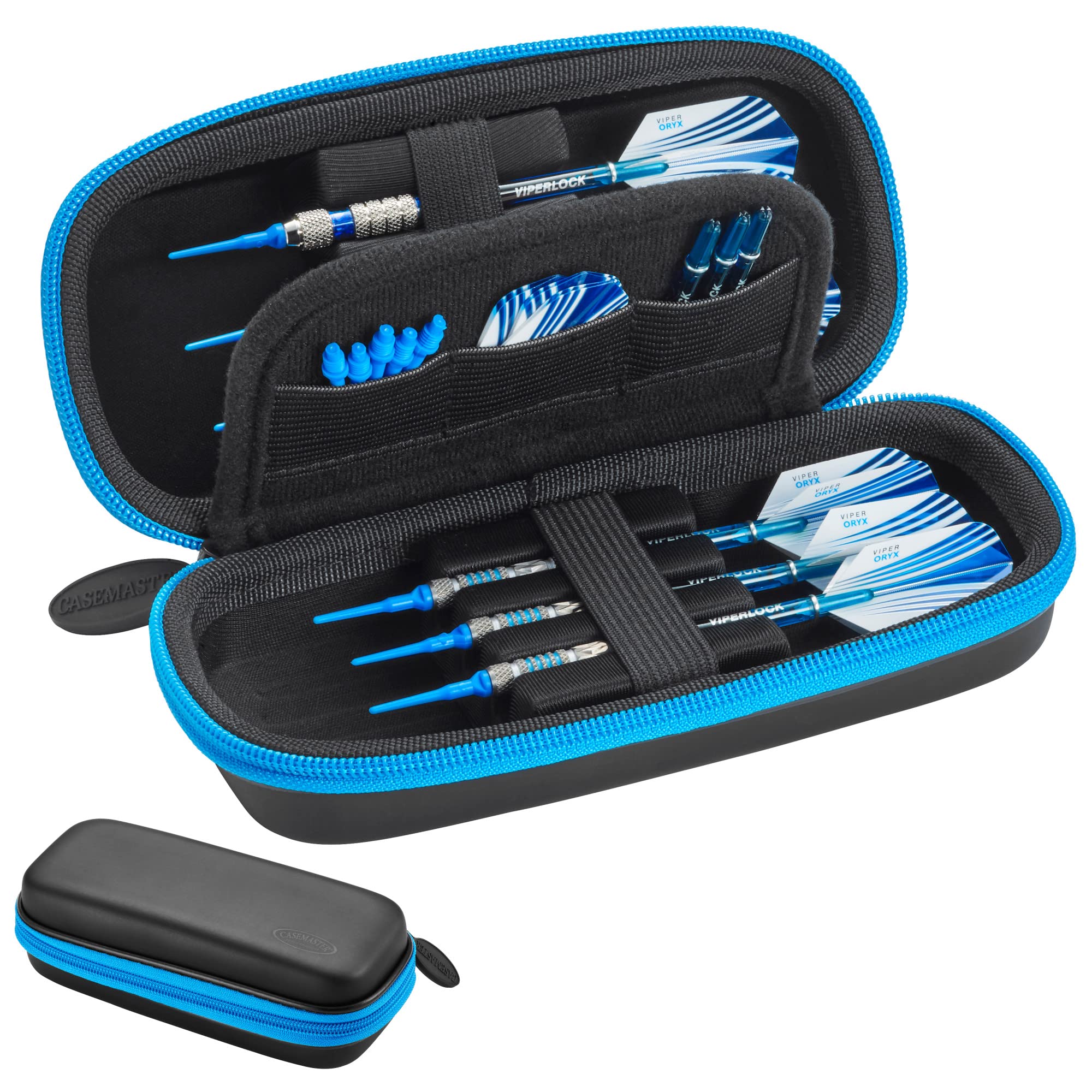 Casemaster Sentry 6 Dart Case Slim, Holds Extra Accessories, Tips, Shafts and Flights, Compatible with Steel Tip and Soft Tip Darts, Impact & Water Resistant TacTech Shell, Blue Zipper