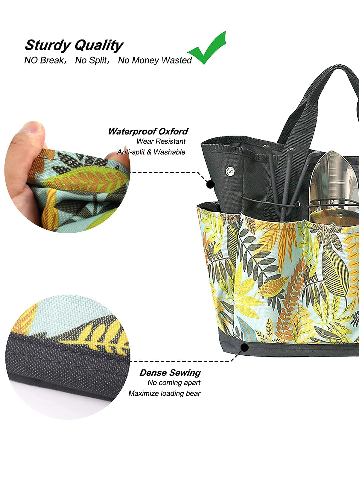 GERYMU Garden Tool Bag, 8 Pockets Garden Tote Bag, Heavy Duty Oxford Garden Tool Storage Bag, Gardening Tool Kit Holder (Floral Yellow)