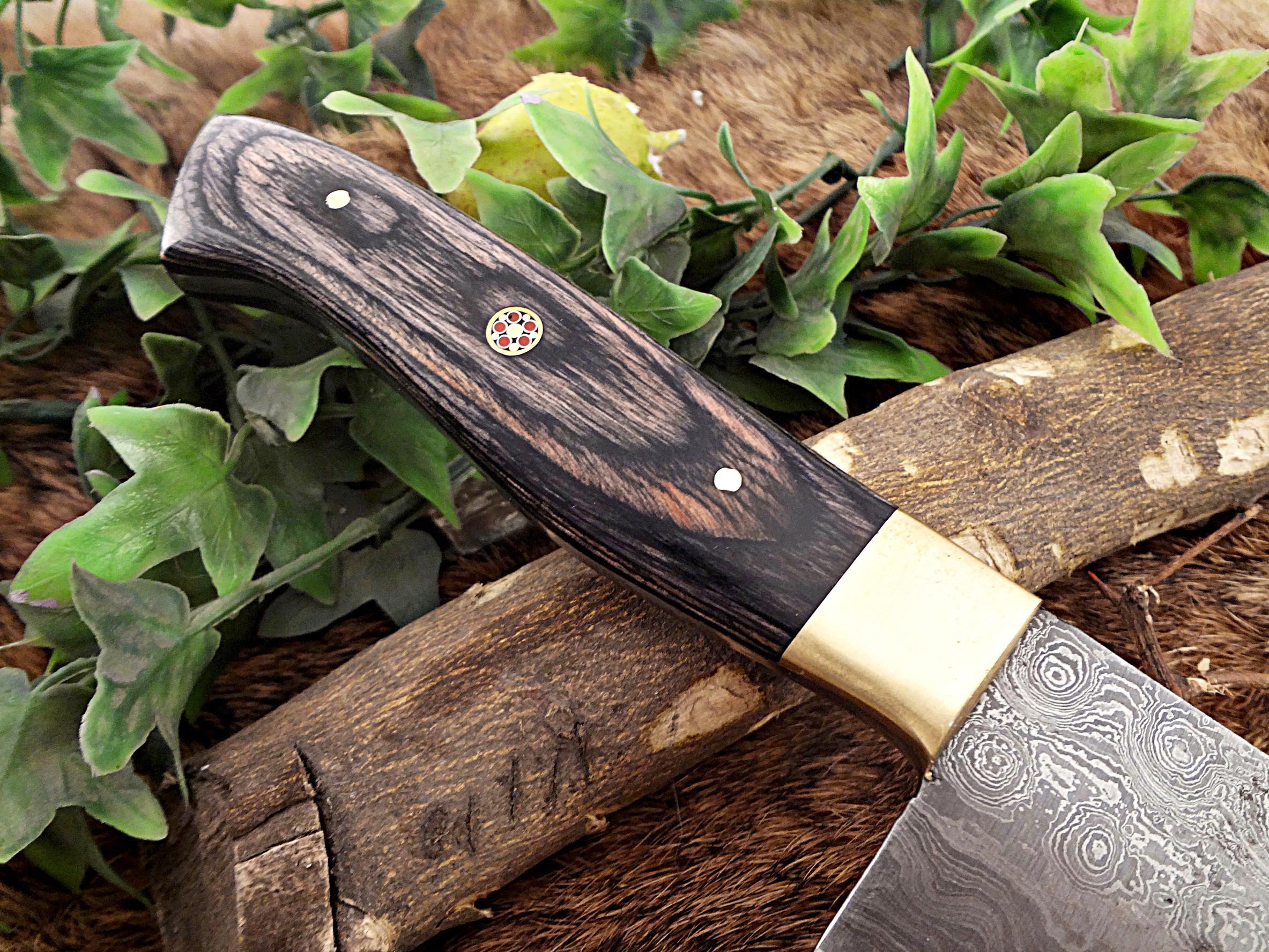 Damascus Steel Kitchen Knife, 14 Inches Long with 9" Long Hand Forged Blade, 2 Tone Dollar Wood Scale with Brass Bolster