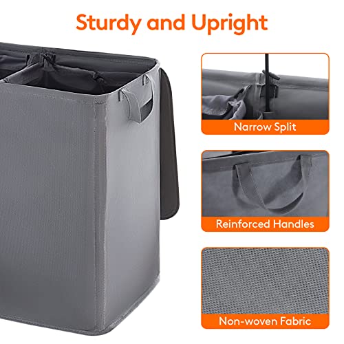 Lifewit 105L Double Laundry Hamper with Lid and Removable Laundry Bags, Divided Laundry Basket with Handles, Large Separated Clothes Basket for Bedroom, Bathroom, College Dorm, Laundry Sorting, Grey
