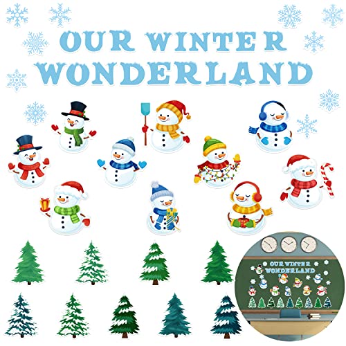 Haooryx 83Pcs Christmas Winter Snowmen Bulletin Board Set Classroom Decoration, Snow Snowman Patterned Paper Cut-Outs Blackboard Border Decor for Xmas Party Home School Classroom Window Wall Decor
