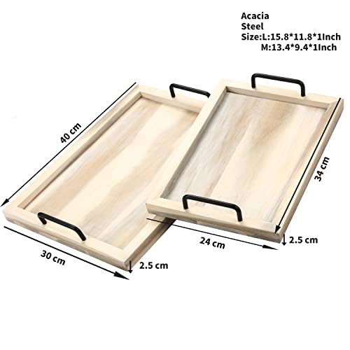everous Wood Serving Tray with Handles Set of 2,Acacia Wood Butler Platters Serve Breakfast, Appetizer, Coffee, Bar, and Food(White)